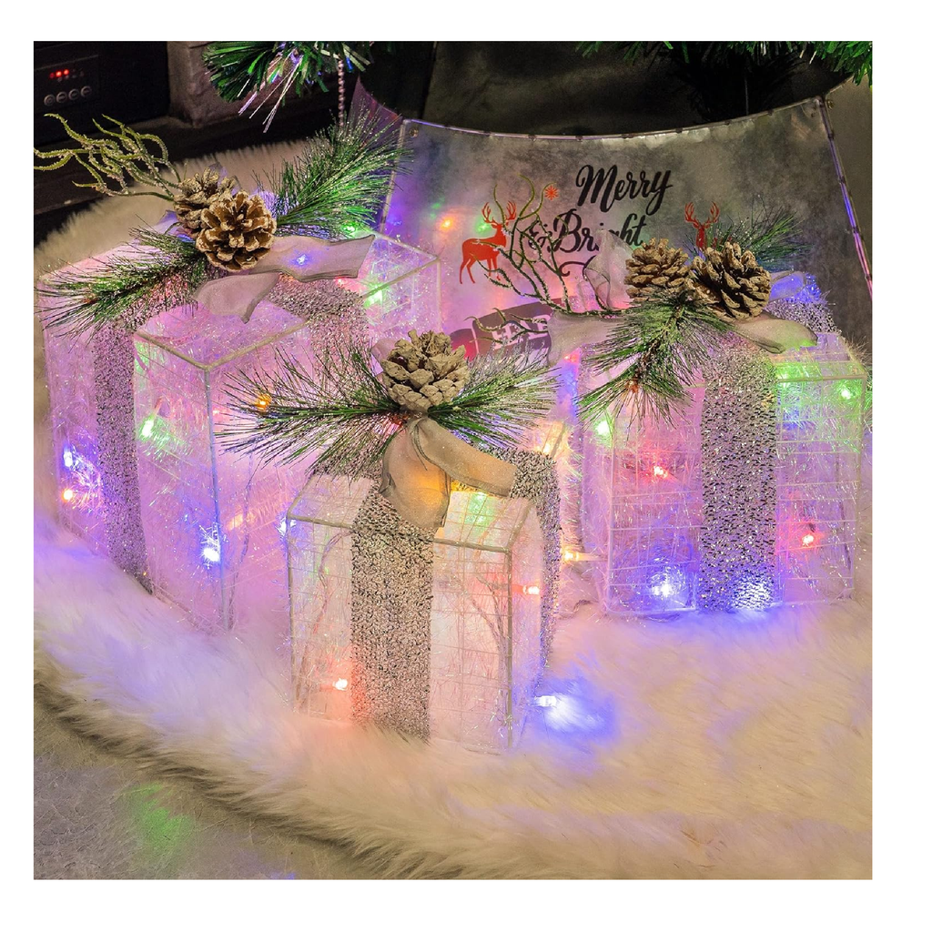 Hourleey Set of 3 Christmas Lighted Gift Boxes, Pre-lit 60 LED Light U