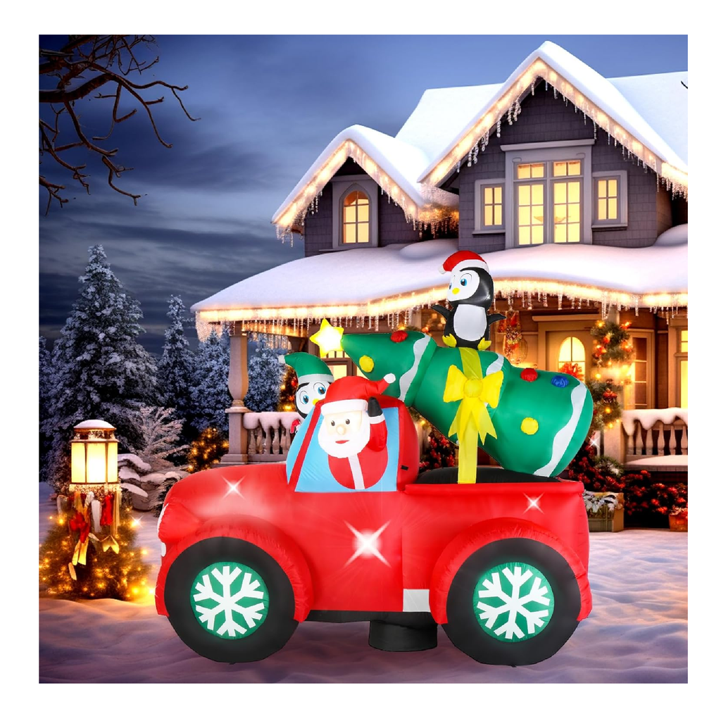 VINGLI 8ft Long Christmas Santa Truck Inflatable, Blow Up Yard Decorat