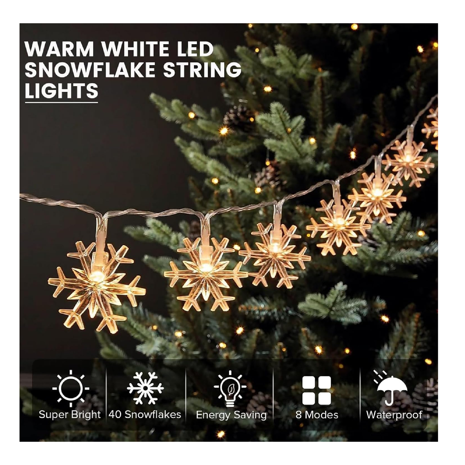 colcutee Christmas Snowflake Lights, 20ft 40LED 8 Modes & Timer Batter